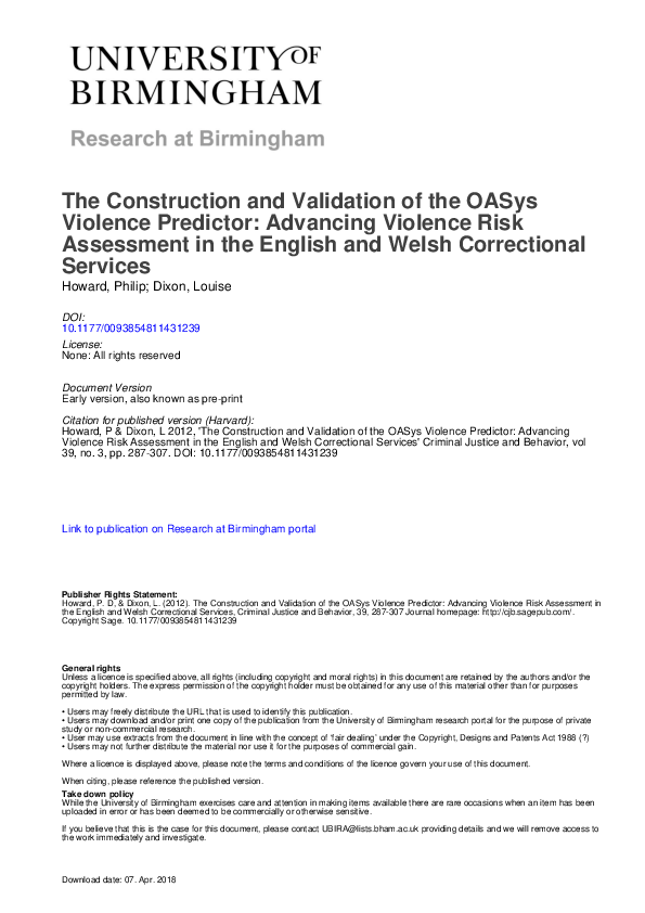 (PDF) The Construction and Validation of the OASys Violence Predictor ...