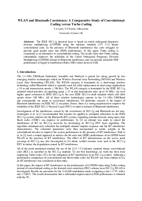(PDF) WLAN and Bluetooth Coexistence: A Comparative Study of Convolutional Coding versus Turbo ...