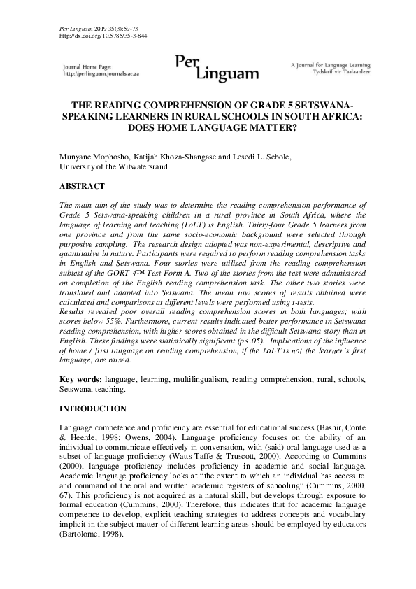 (PDF) The reading comprehension of Grade 5 Setswana-speaking learners ...