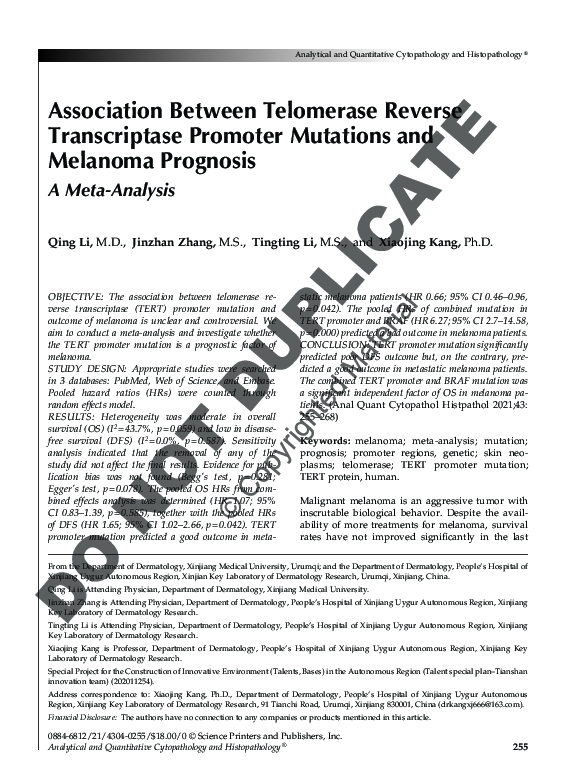 (PDF) Association Between Telomerase Reverse Transcriptase Promoter Mutations and Melanoma ...