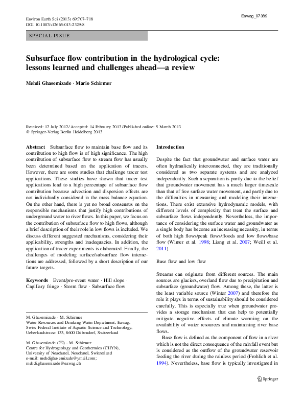 Pdf Subsurface Flow Contribution In The Hydrological Cycle Lessons Learned And Challenges