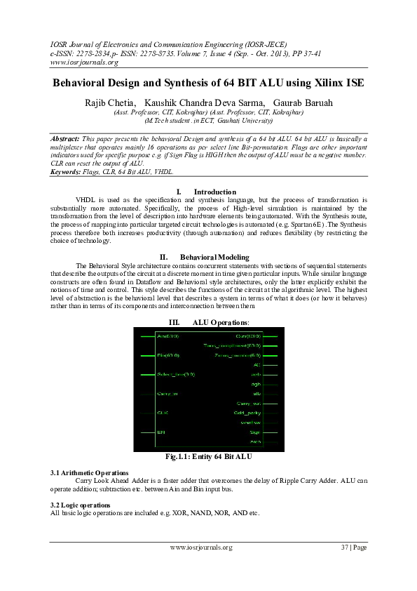 (PDF) Behavioral Design and Synthesis of 64 BIT ALU using Xilinx ISE (PDF) Behavioral Design and Synthesis of 64 BIT ALU using Xilinx ISE