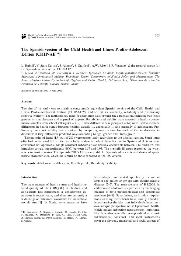 (PDF) The Spanish version of the Child Health and Illness Profile ...