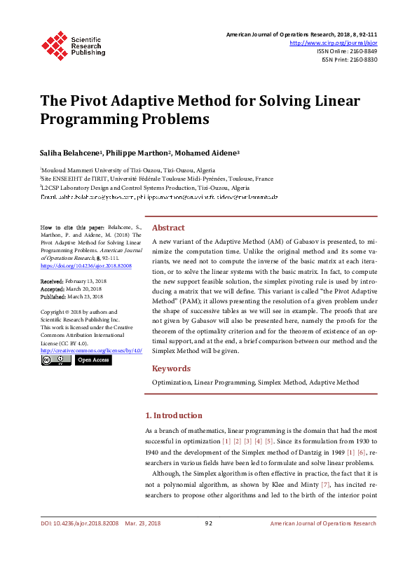 (PDF) The Pivot Adaptive Method for Solving Linear Programming Problems