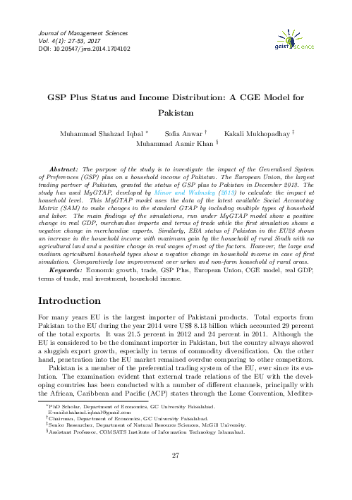 (PDF) GSP Plus Status and Income Distribution: A CGE Model for Pakistan