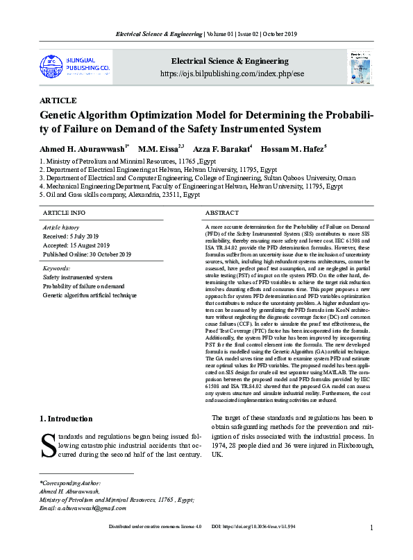 (PDF) Genetic Algorithm Optimization Model for Determining the Probability of Failure on Demand ...