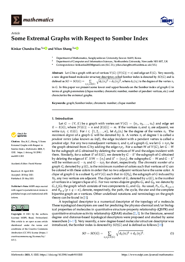 (PDF) Some Extremal Graphs with Respect to Sombor Index | Kinkar Das - Academia.edu