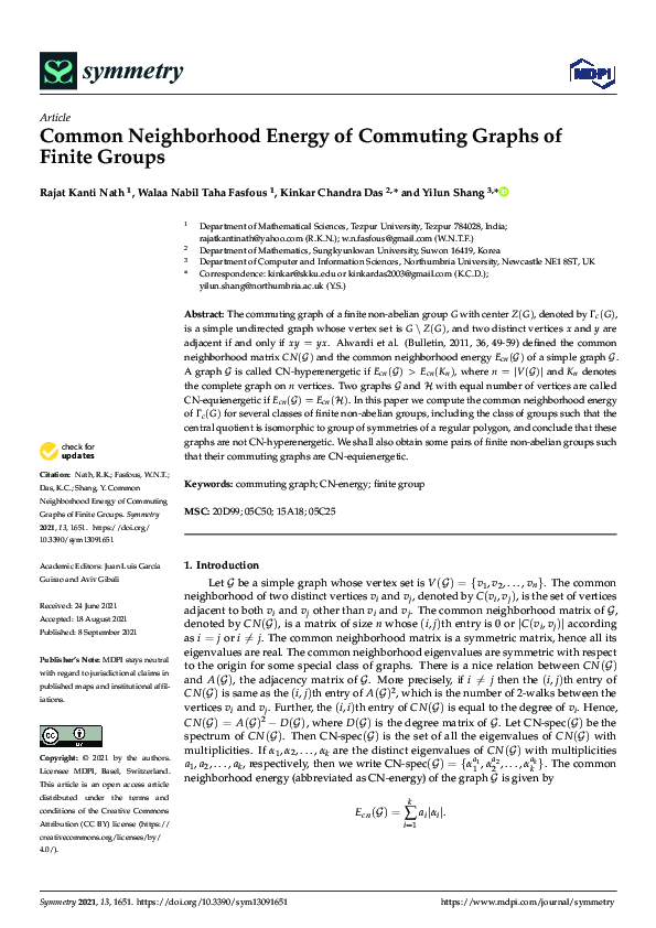(PDF) Common Neighborhood Energy of Commuting Graphs of Finite Groups