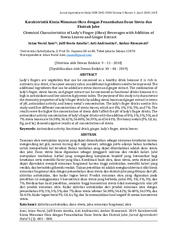 (PDF) Karakteristik Kimia Minuman Okra Dengan Penambahan Daun Stevia Dan Ekstrak Jahe