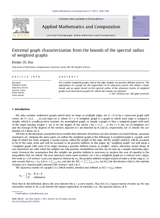 (PDF) Extremal graph characterization from the bounds of the spectral radius of weighted graphs