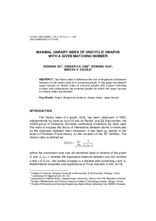 (PDF) Maximal Harary index of unicyclic graphs with given matching number