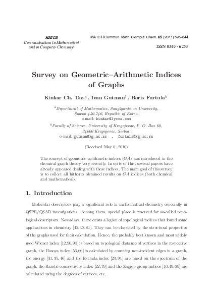 (PDF) Survey on geometric--arithmetic indices of graphs