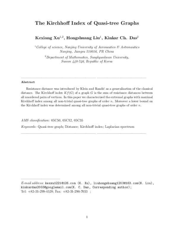 (PDF) The Kirchhoff Index of Quasi-Tree Graphs