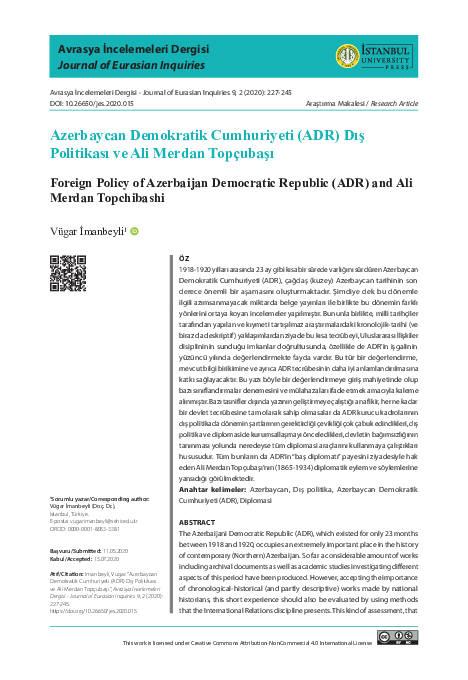 (PDF) Azerbaycan Demokratik Cumhuriyeti (ADR) Dış Politikası ve Ali ...