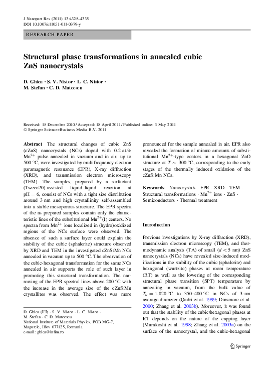 (PDF) Structural phase transformations in annealed cubic ZnS nanocrystals