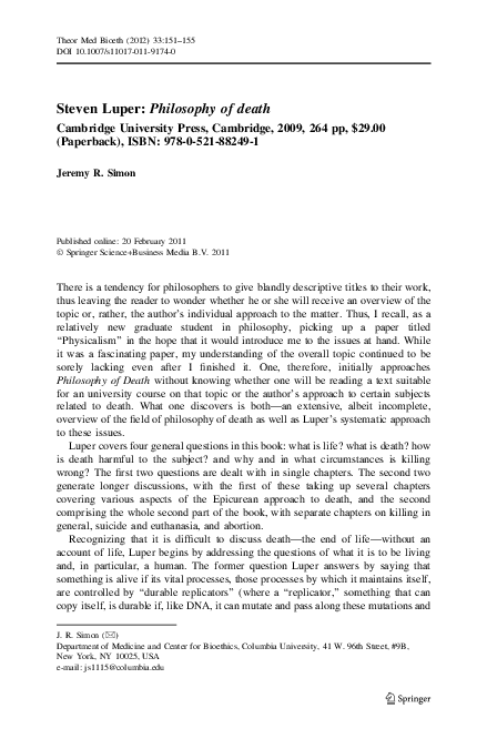 (PDF) Steven Luper: Philosophy of death