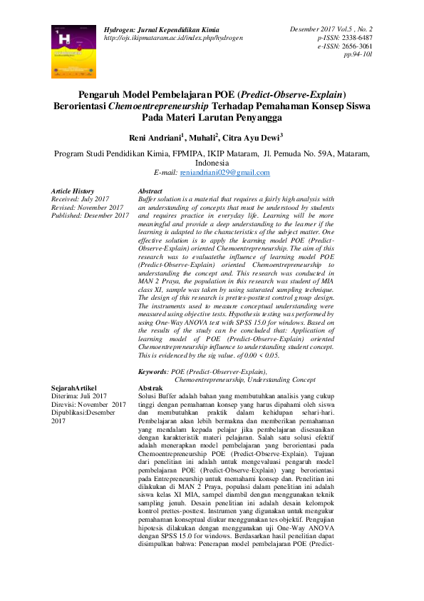 (PDF) Pengaruh Model Pembelajaran POE (Predict-Observe-Explain) Berorientasi ...