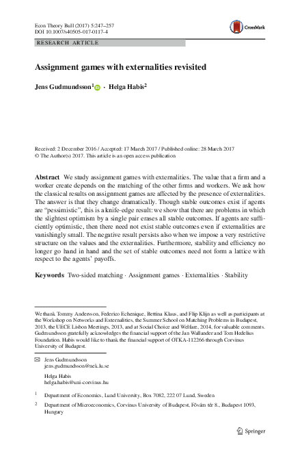 (PDF) Assignment games with externalities revisited