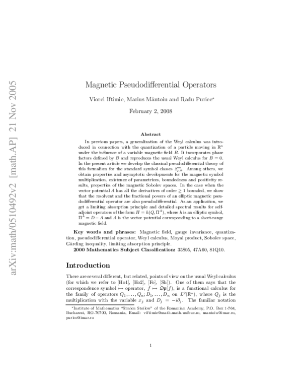 (PDF) Magnetic Pseudodifferential Operators