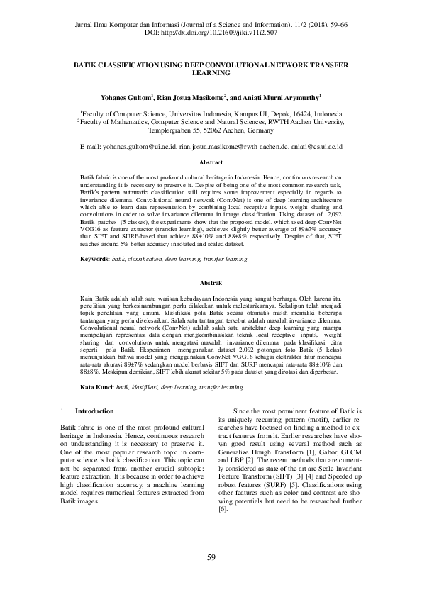 (PDF) Batik Classification using Deep Convolutional Network Transfer Learning
