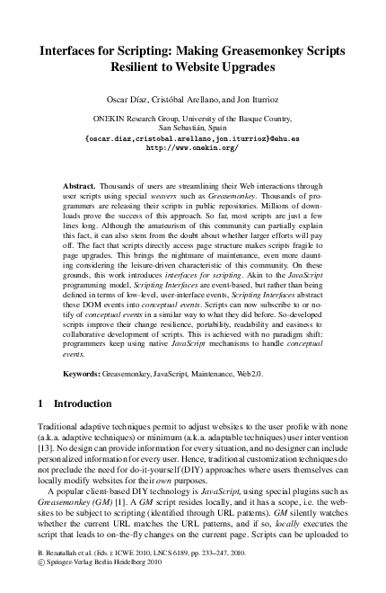 (PDF) Interfaces for Scripting: Making Greasemonkey Scripts Resilient to Website Upgrades