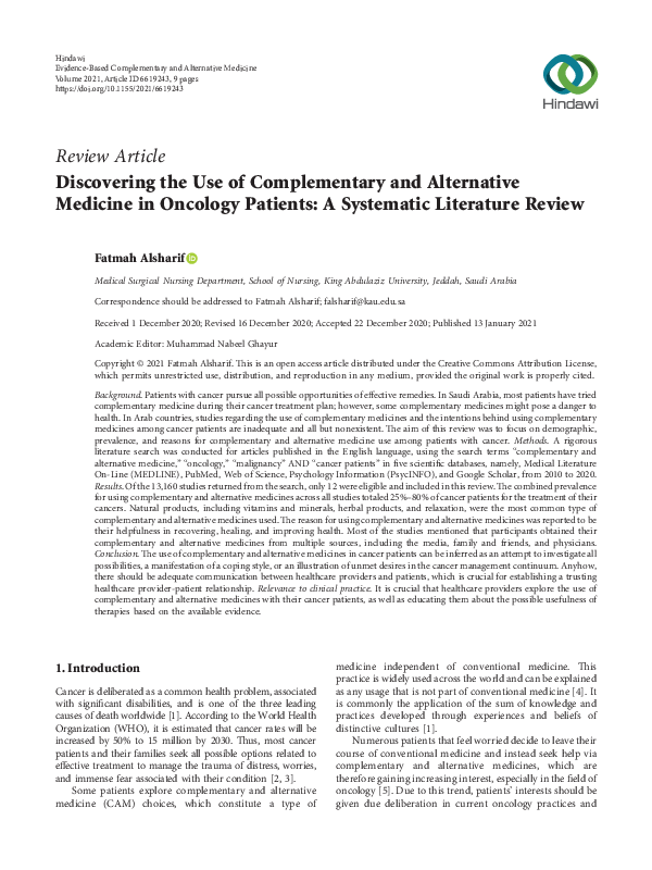 (PDF) Discovering the Use of Complementary and Alternative Medicine in Oncology Patients: A ...