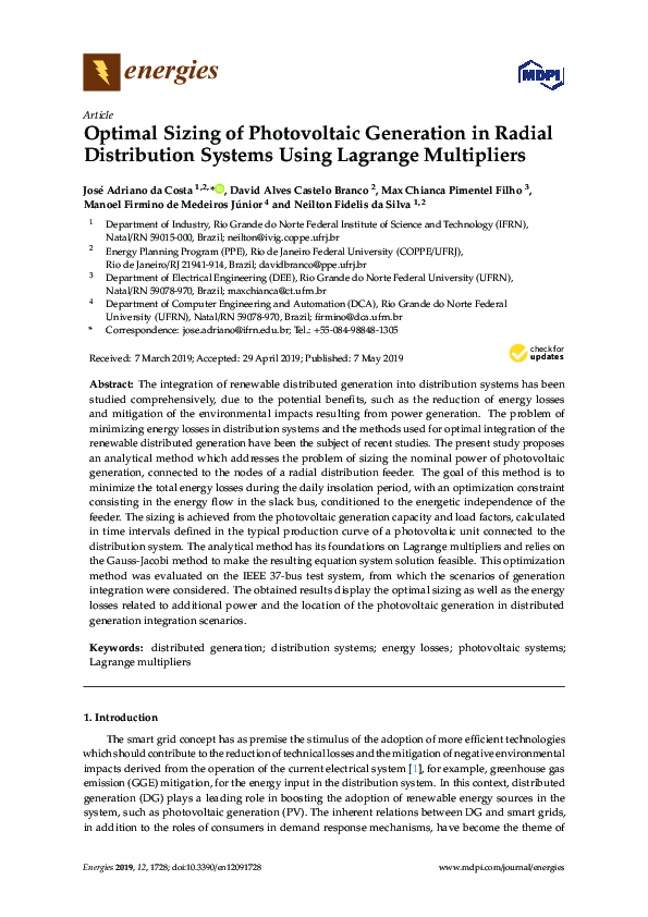 (PDF) Optimal Sizing of Photovoltaic Generation in Radial Distribution Systems using Lagrange ...