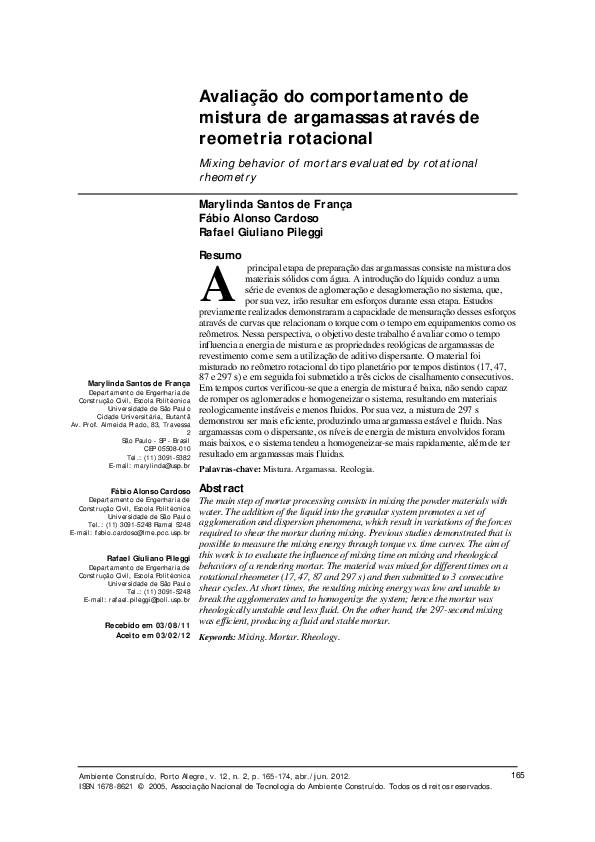 (PDF) Mixing behavior of mortars evaluated by rotational rheometry (PDF) Mixing behavior of mortars evaluated by rotational rheometry
