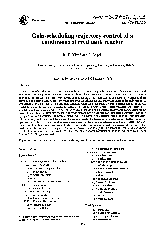 (PDF) Gain-scheduling trajectory control of a continuous stirred tank reactor