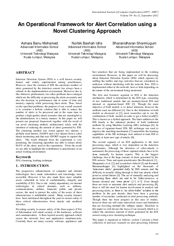 Pdf An Operational Framework For Alert Correlation Using A Novel Clustering Approach Norbik