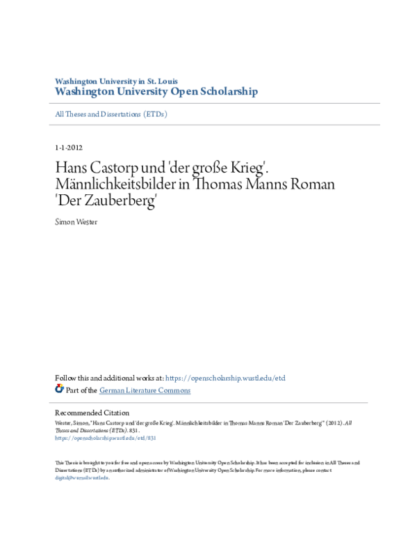 (PDF) Hans Castorp und 'der große Krieg'. Männlichkeitsbilder in Thomas ...