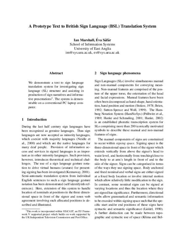 (PDF) A prototype text to British Sign Language (BSL) translation system