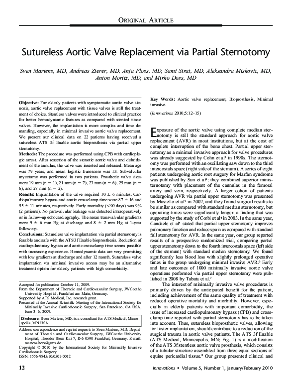 (PDF) Sutureless Aortic Valve Replacement via Partial Sternotomy