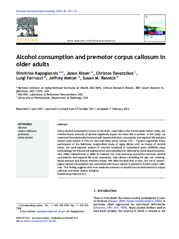 (PDF) Alcohol consumption and premotor corpus callosum in older adults
