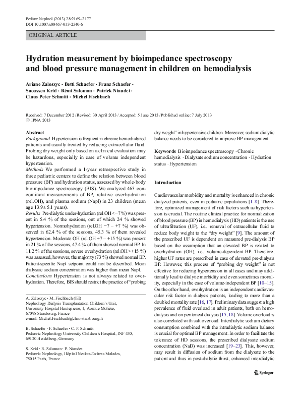 Hydration measurement by bioimpedance spectroscopy and blood pressure ...