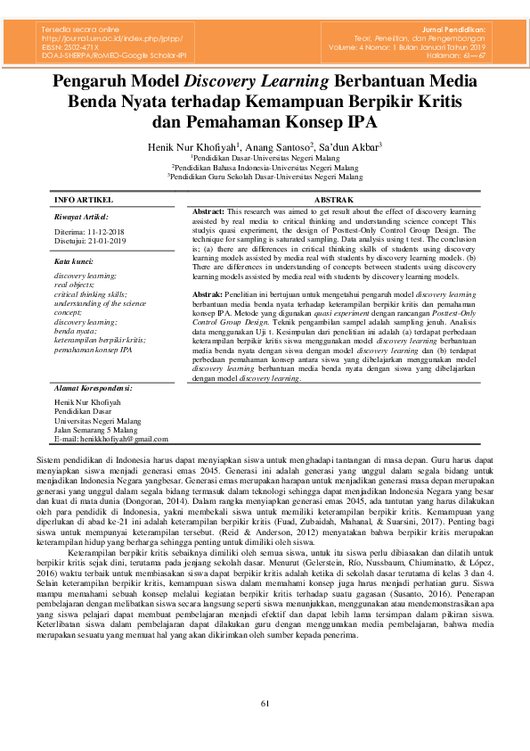 (PDF) Pengaruh Model Discovery Learning Berbantuan Media Benda Nyata terhadap Kemampuan Berpikir ...