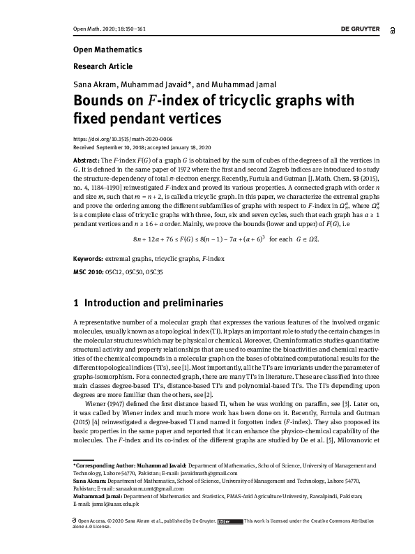(PDF) Bounds on F-index of tricyclic graphs with fixed pendant vertices
