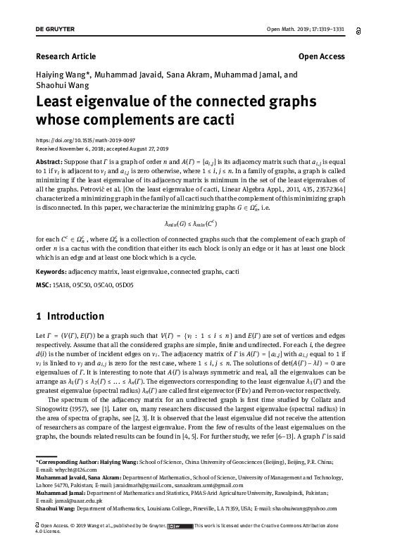 Pdf Least Eigenvalue Of The Connected Graphs Whose Complements Are Cacti