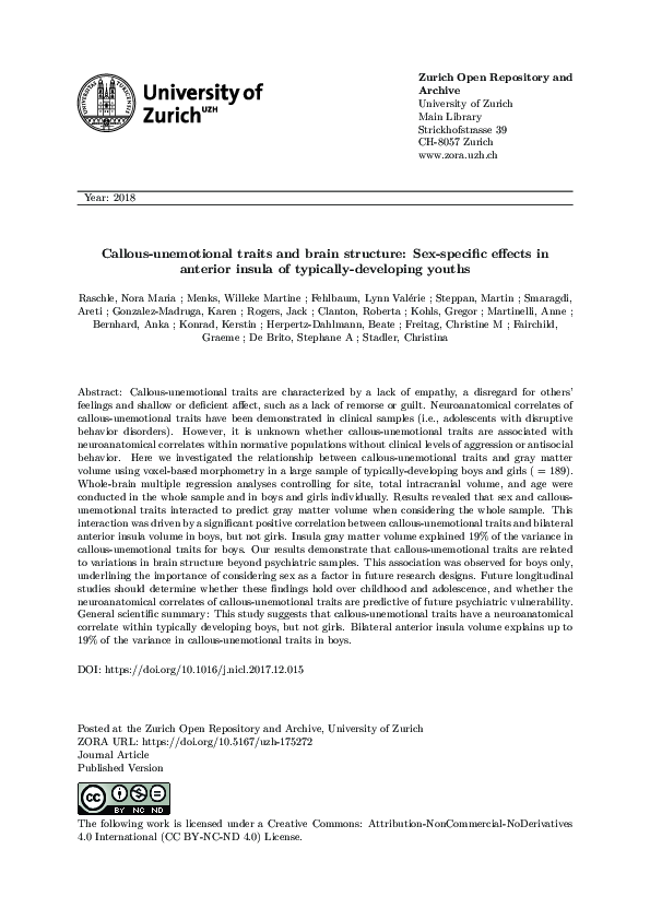 (PDF) Callous-unemotional traits and brain structure: Sex-specific ...