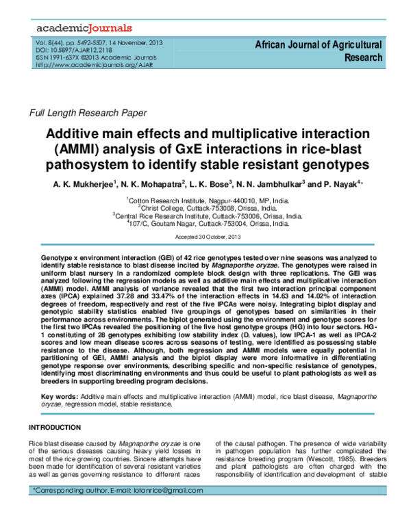 (PDF) Additive Main Effects and Multiplicative interaction analysis for storage root yields of ...