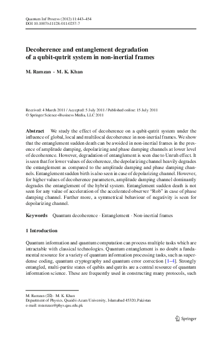 (PDF) Decoherence and entanglement degradation of a qubit-qutrit system in non-inertial frames