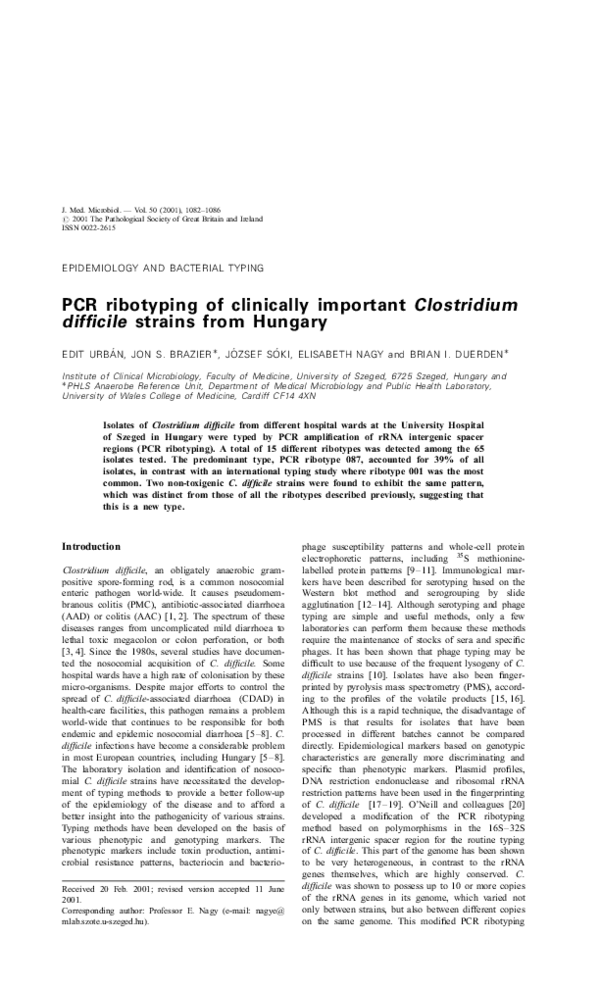 (PDF) PCR ribotyping of clinically important Clostridium difficile ...