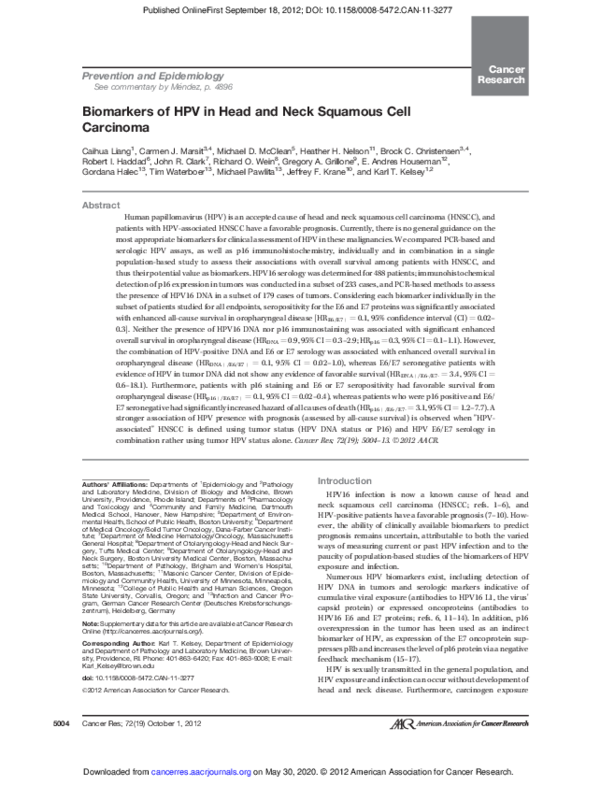 (PDF) Biomarkers of HPV in Head and Neck Squamous Cell Carcinoma | Brock Christensen - Academia.edu