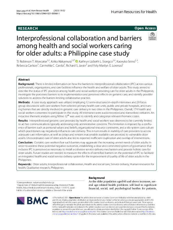 (PDF) Interprofessional collaboration and barriers among health and social workers caring for ...