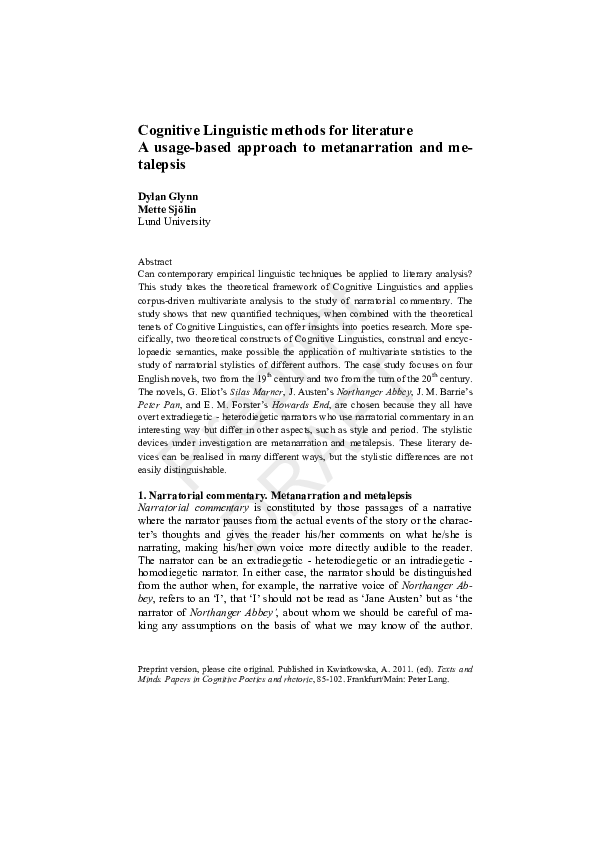 (PDF) Cognitive Linguistic methods for literature. A usage-based ...