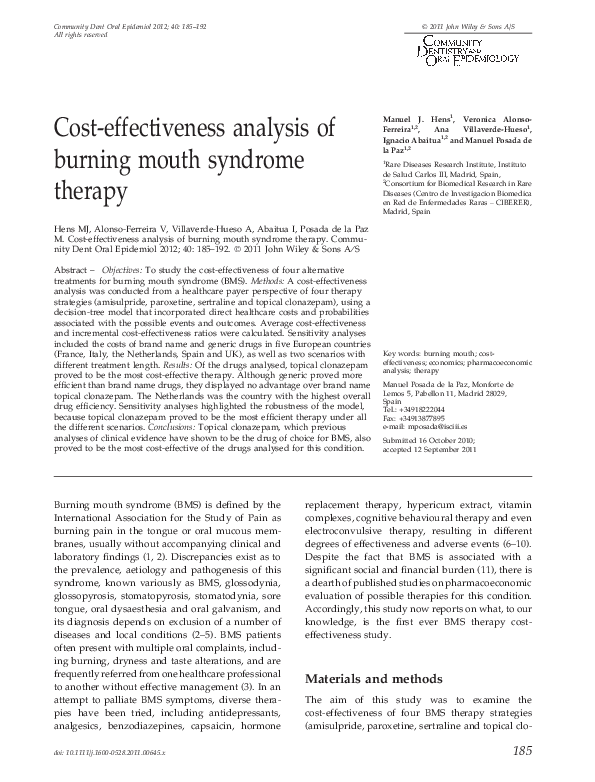 (PDF) Cost-effectiveness analysis of burning mouth syndrome therapy