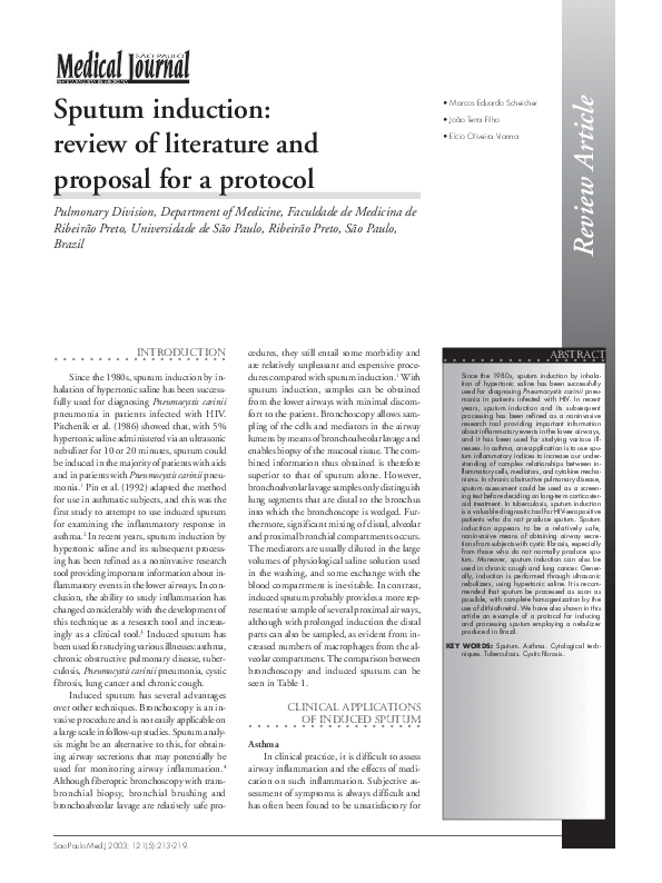 (PDF) Sputum induction: review of literature and proposal for a protocol
