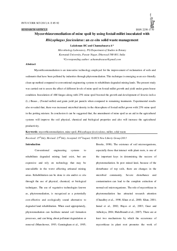 (PDF) Mycorrhizoremediation of mine spoil by using foxtail millet ...