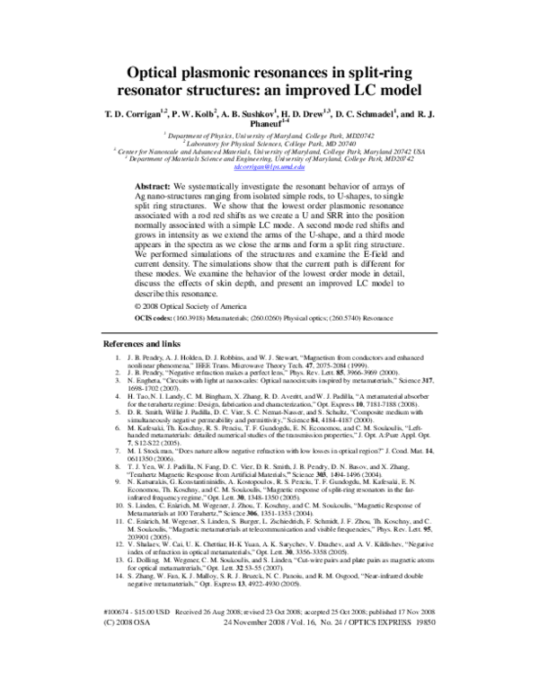 (PDF) Optical plasmonic resonances in split-ring resonator structures ...