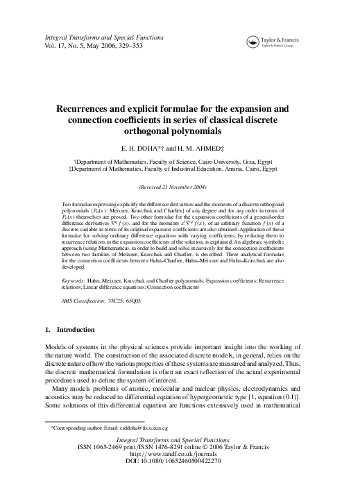 Pdf Recurrences And Explicit Formulae For The Expansion And Connection Coefficients In Series